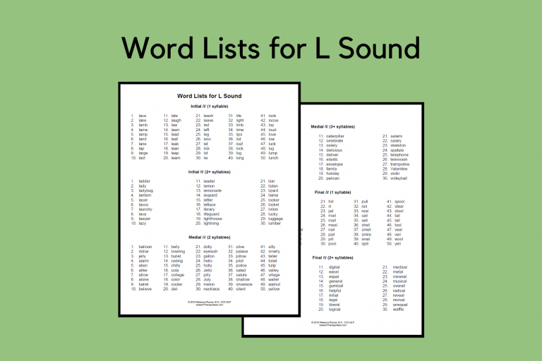 Word Lists for L Sound | Speech Therapy Ideas