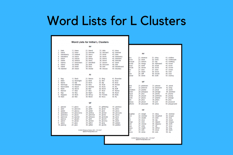 Word Lists for L Clusters | Speech Therapy Ideas