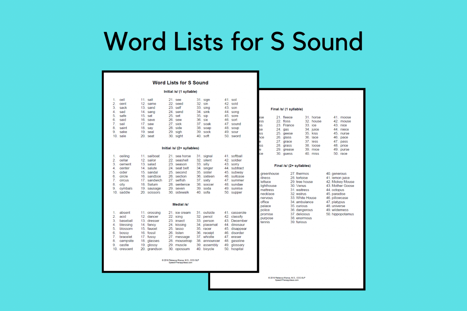 Word Lists for S Sound | Speech Therapy Ideas