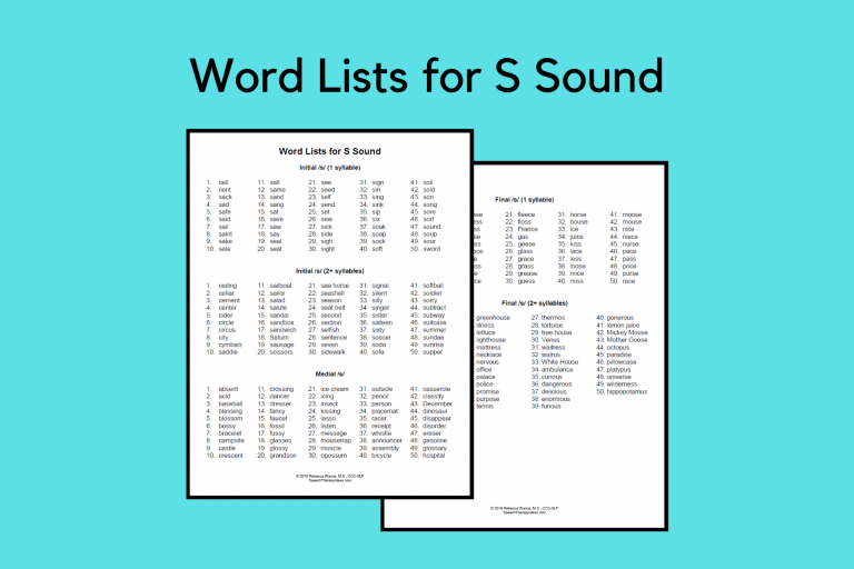 Word Lists for S Sound | Speech Therapy Ideas