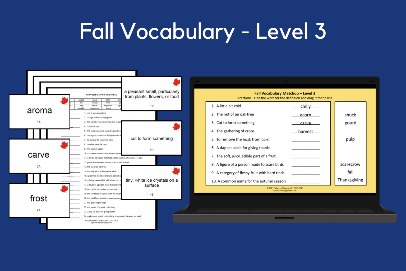 Fall Vocabulary Game Cards and Worksheets – Level 3 | Speech Therapy Ideas