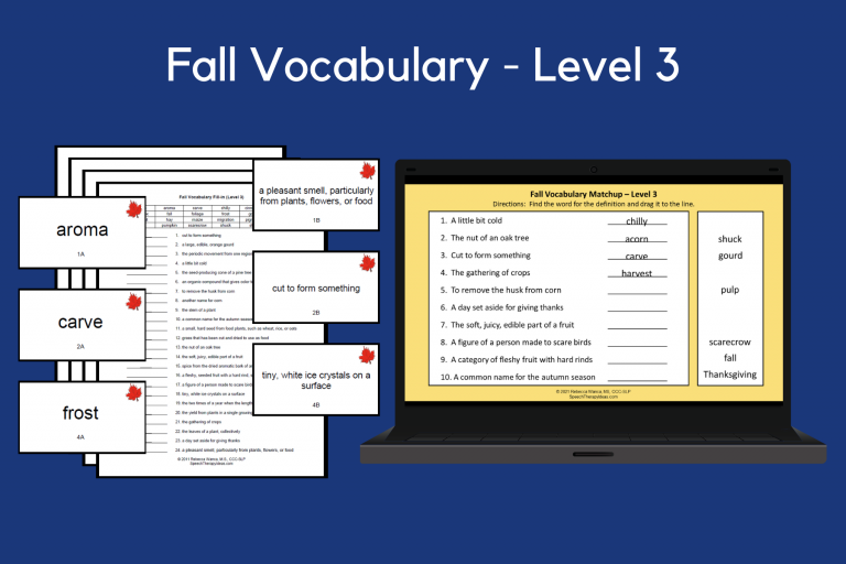 Fall Vocabulary Game Cards and Worksheets – Level 3 | Speech Therapy Ideas