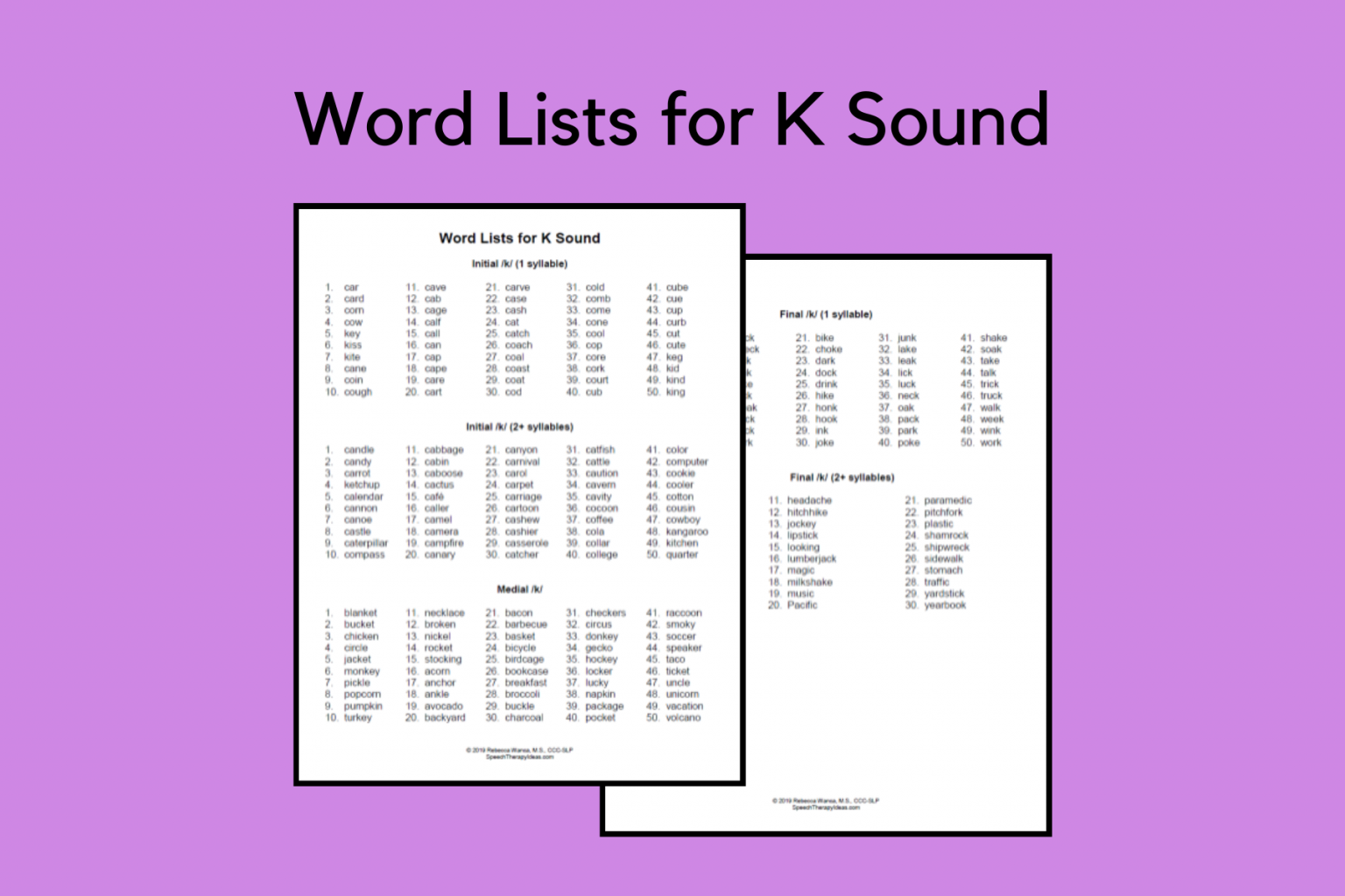 Word Lists for K Sounds | Speech Therapy Ideas