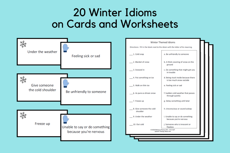 Winter Theme Idiom Cards and Worksheets | Speech Therapy Ideas