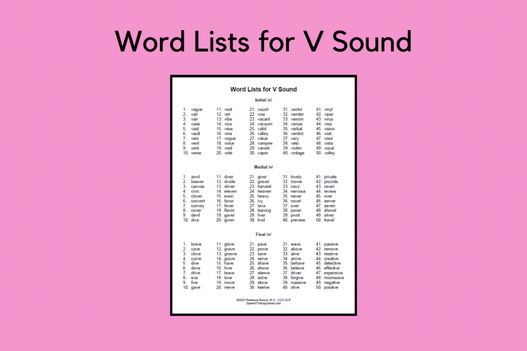 Word Lists for V Sound | Speech Therapy Ideas