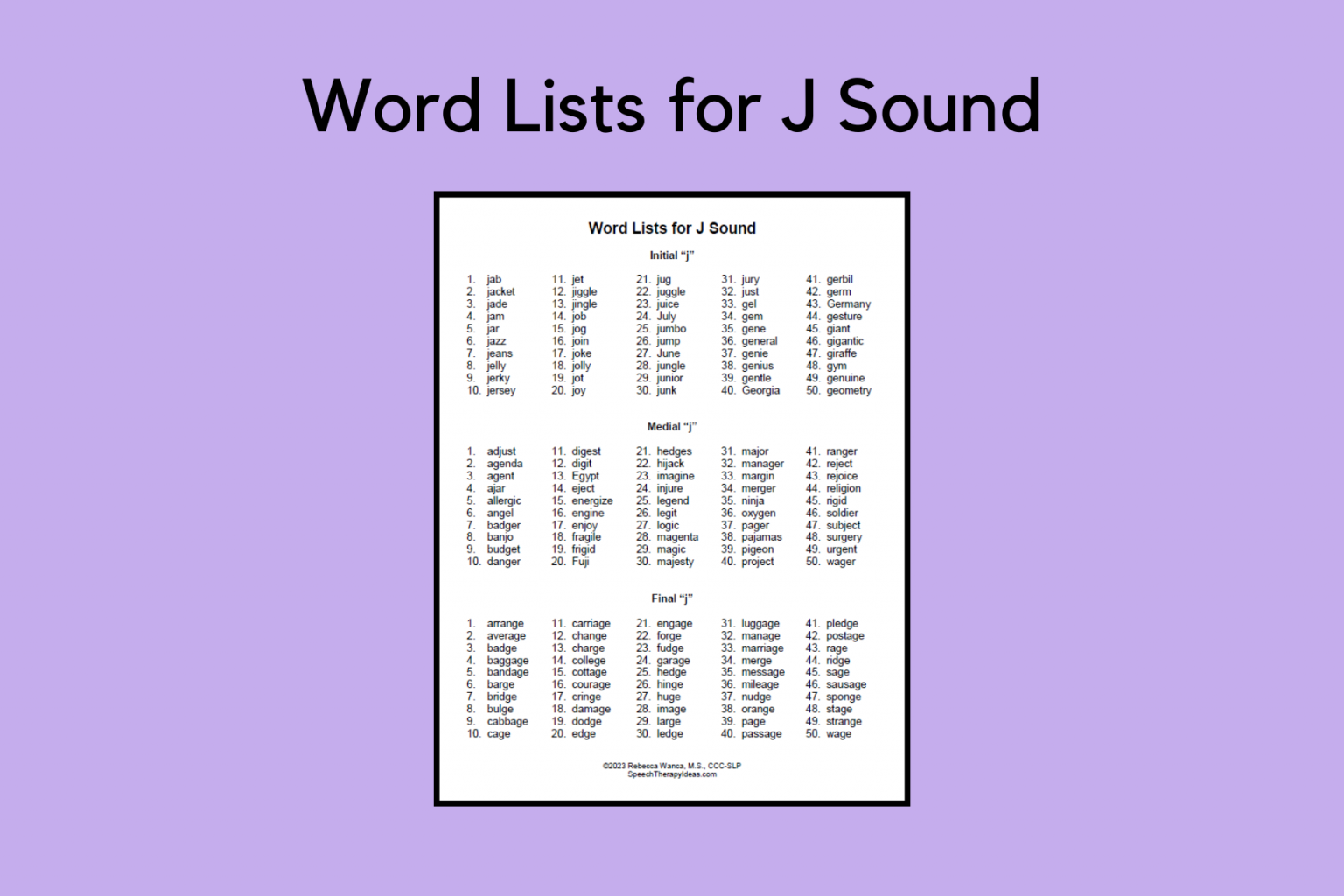 Word Lists for J Sound | Speech Therapy Ideas